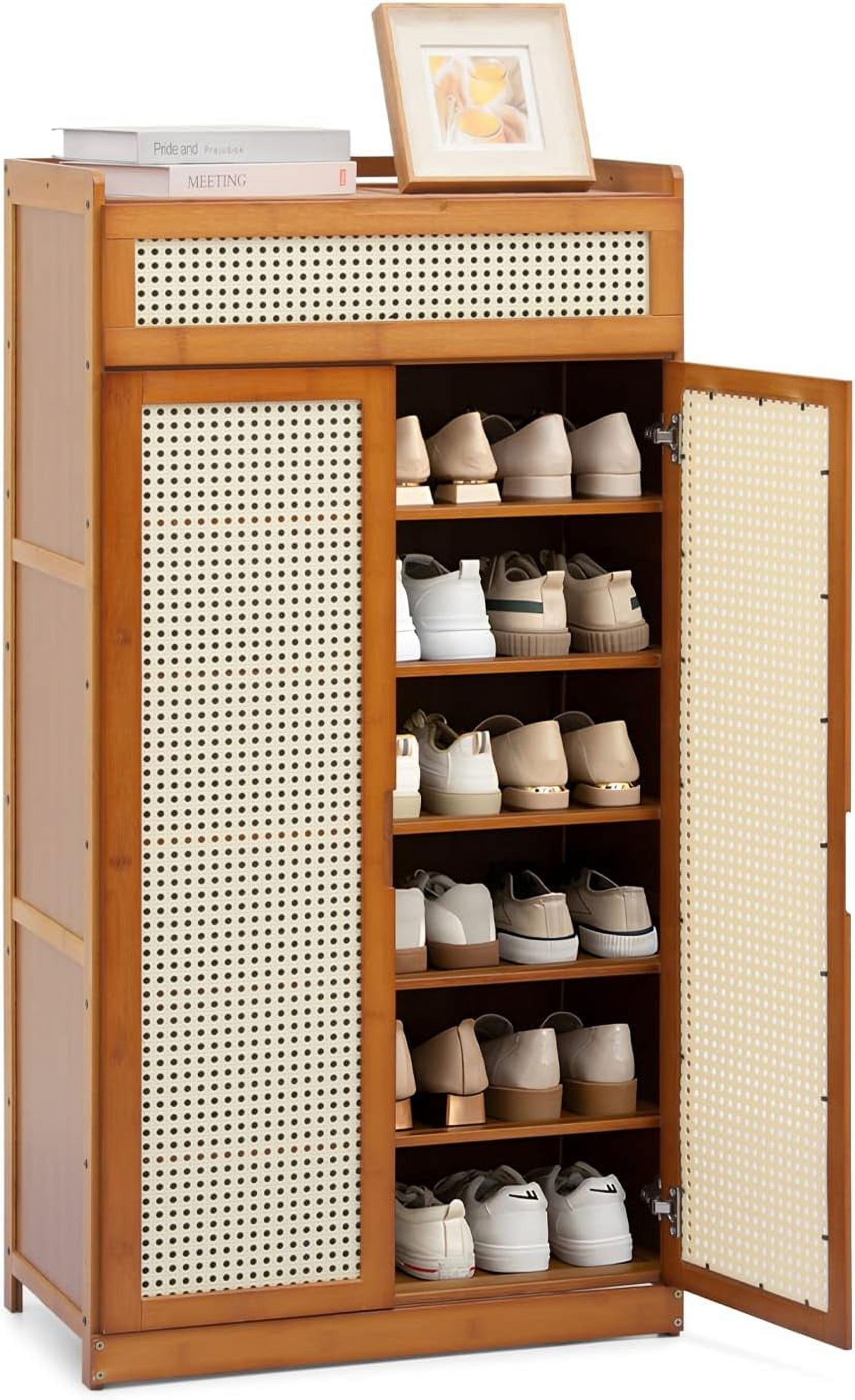 NovaCraft Slim 7 Tier Shoe Storage Cabinet with Doors, Bamboo ...