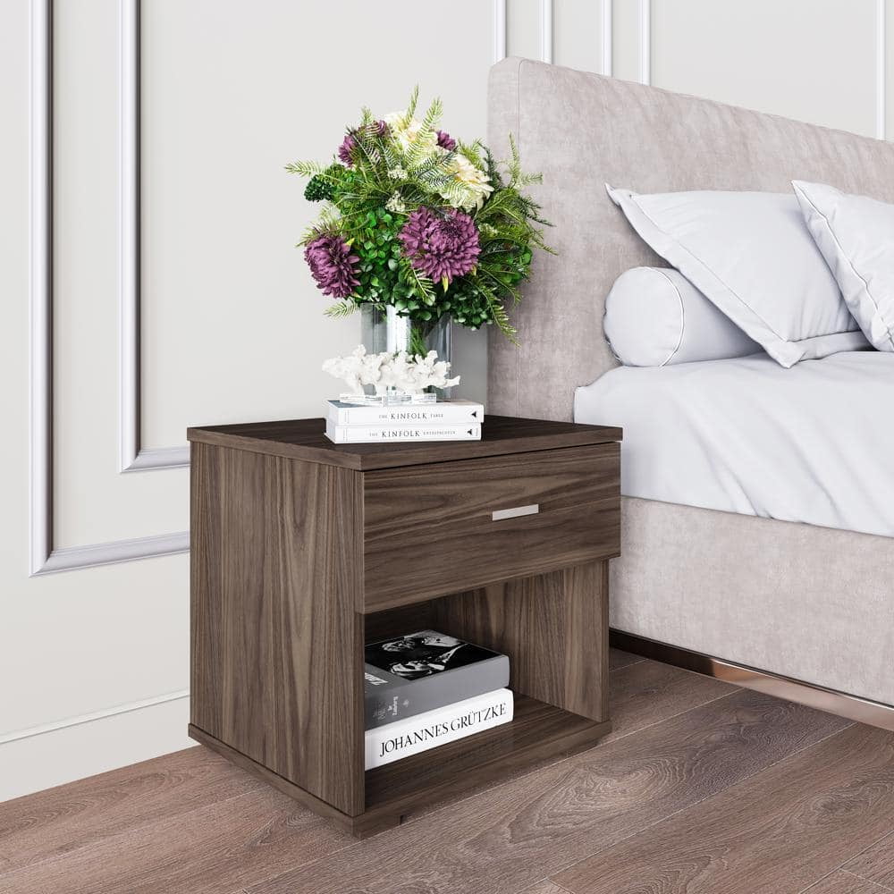 Novara 1-Drawer Modern Nightstand with Storage Cubby, Walnut - Walmart.com