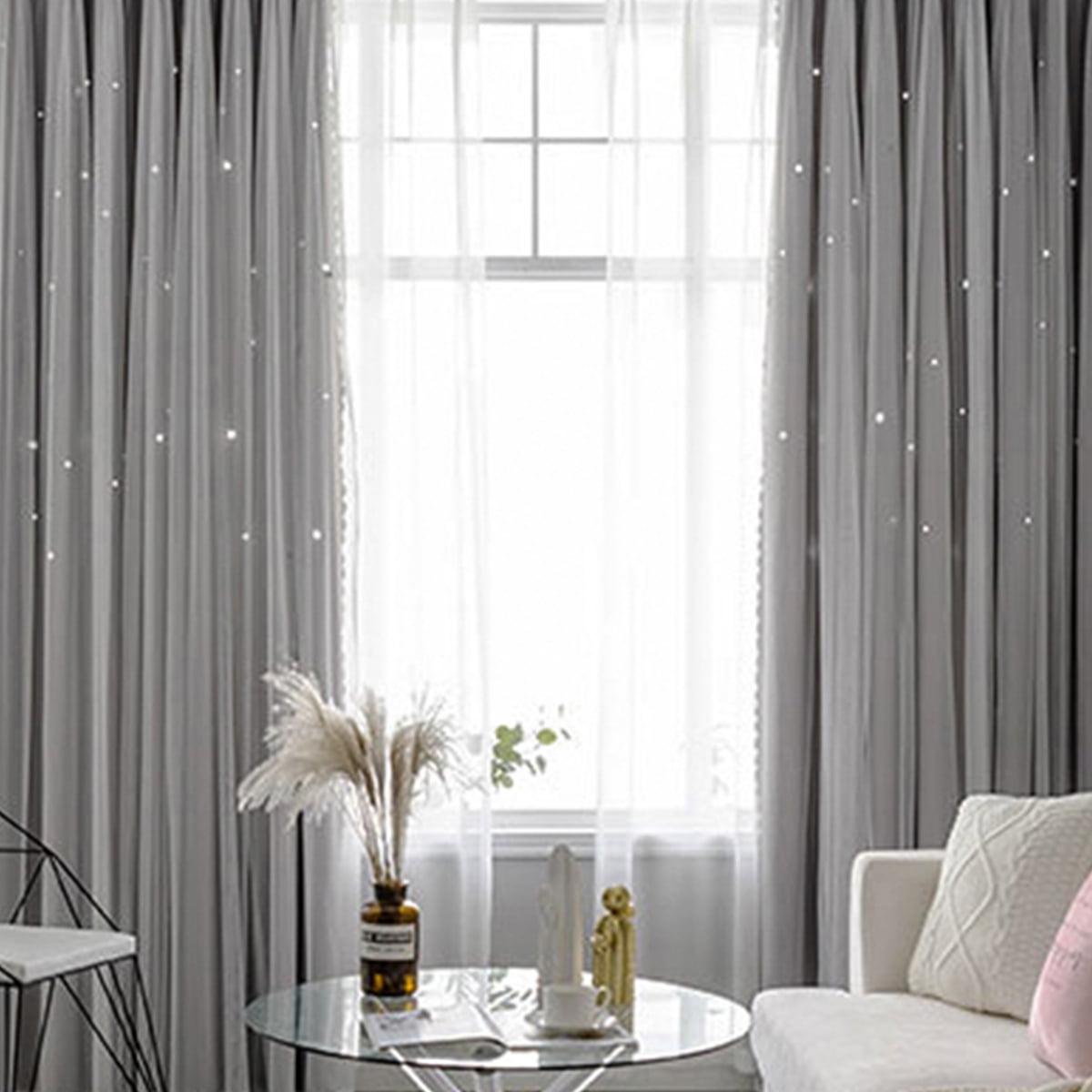 Novashion Double-Layer Gray Hollow Star Design, Blackout Curtains 52” x ...