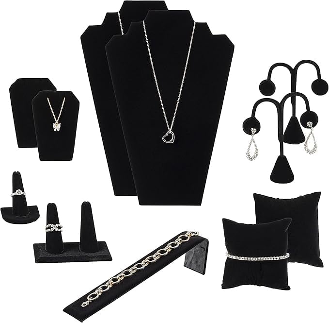 Novel Box Black Velvet 11 Pieces Jewelry Display Set for Necklaces ...