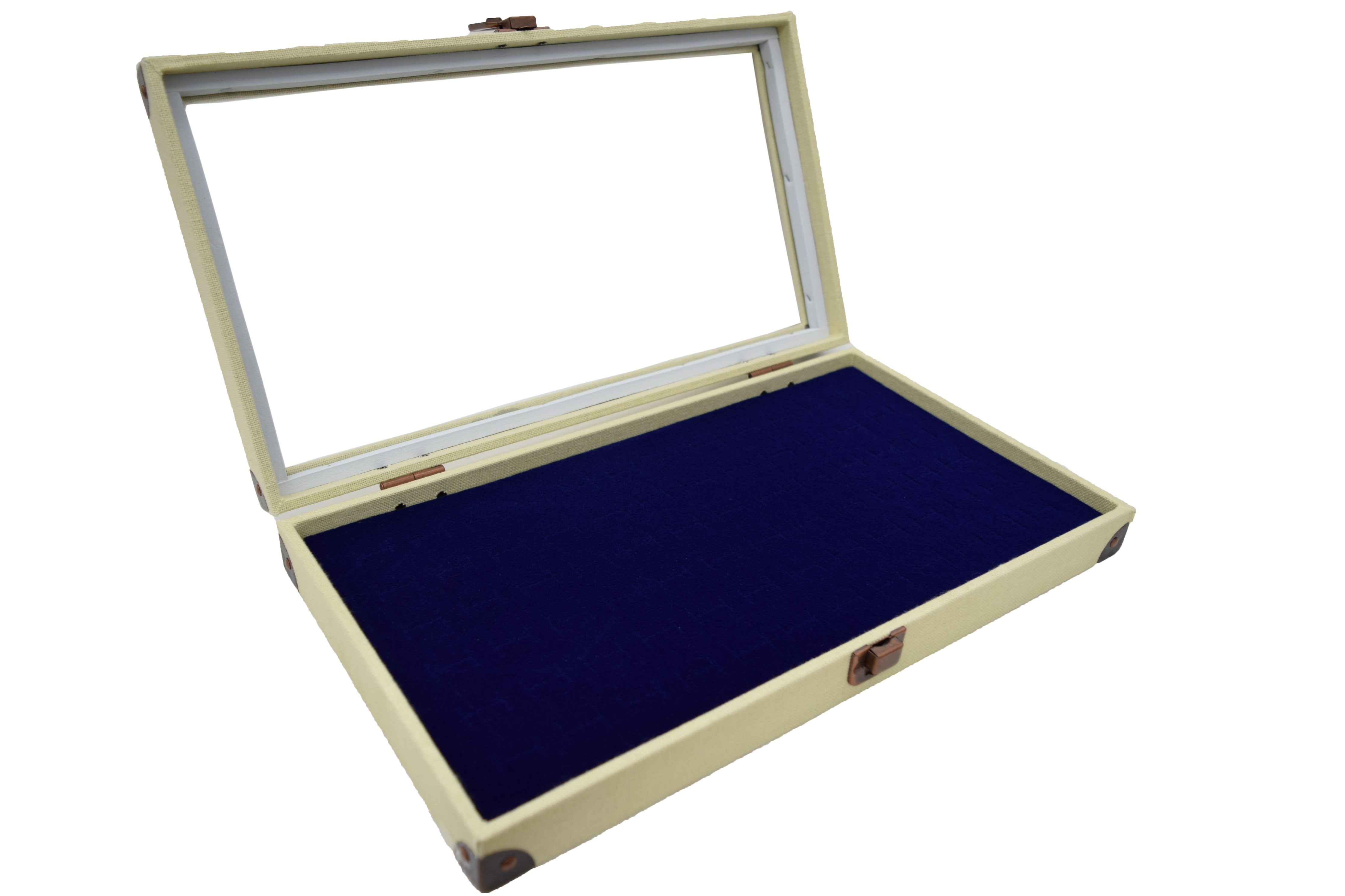 Novel Box Glass Top Linen Jewelry Display Case With 72 Foam Ring ...