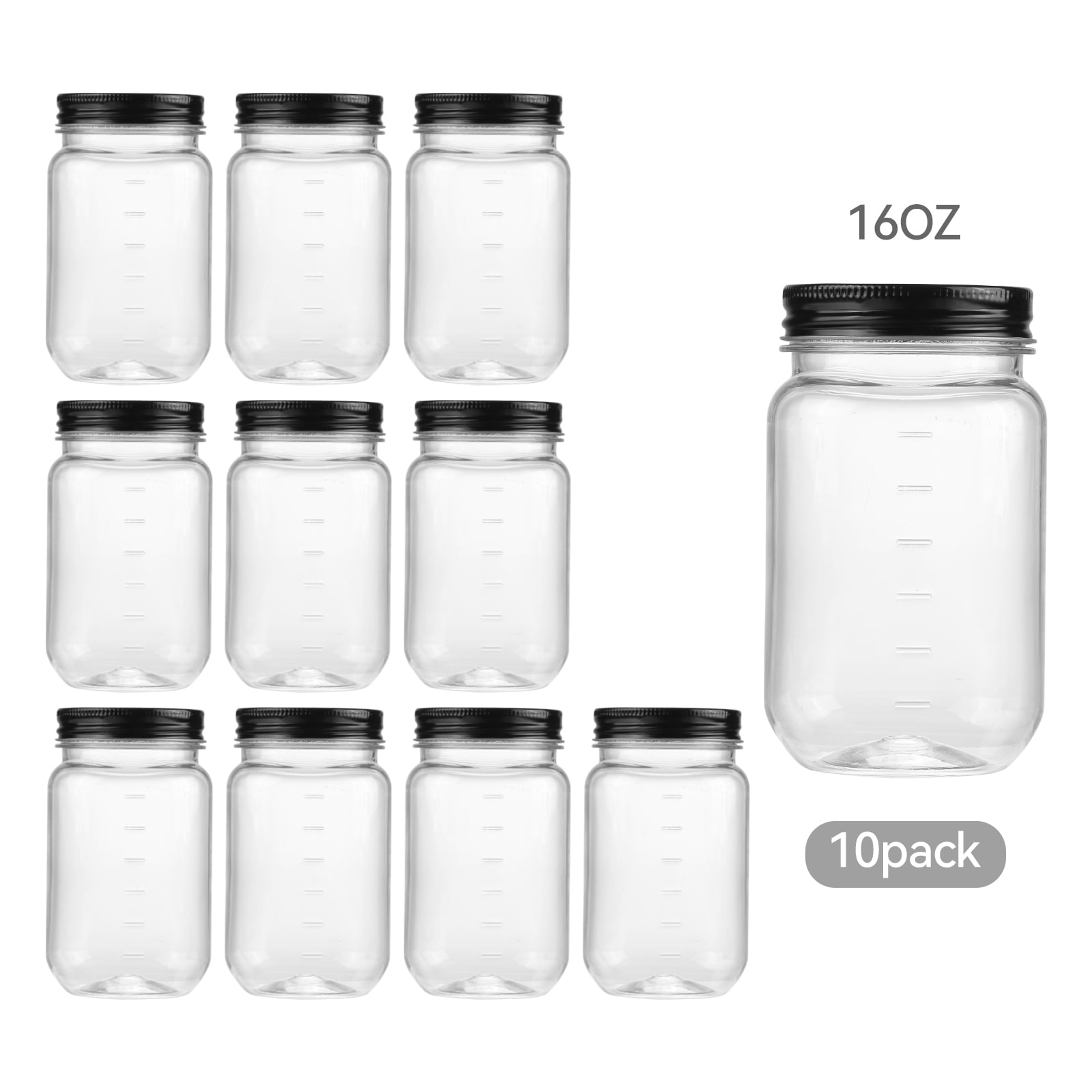 Novelinks 16 Ounce Clear Plastic Jars - Airtight Screw-On Black Lids - Small Bulk Storage - 10 ...