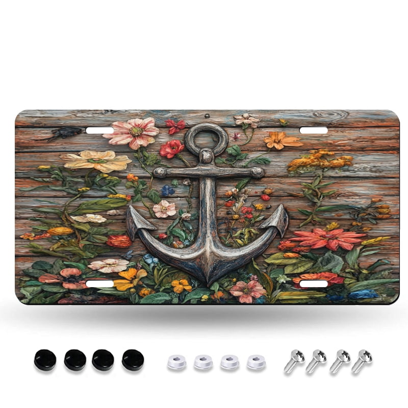 Novelty Decorative License Plate – Anchor with Flowers on a Weathered ...