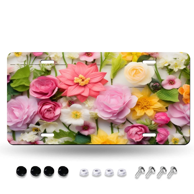 Novelty Decorative License Plate – Assorted Flowers on White Wooden ...
