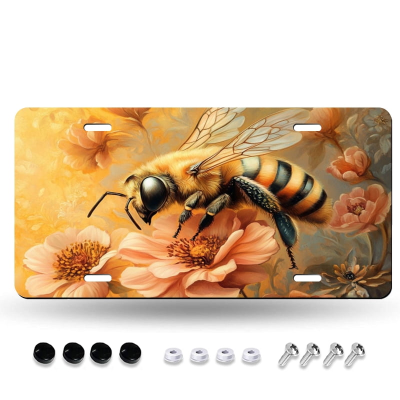 Novelty Decorative License Plate – Bee on Pink Flowers in Realistic Oil ...