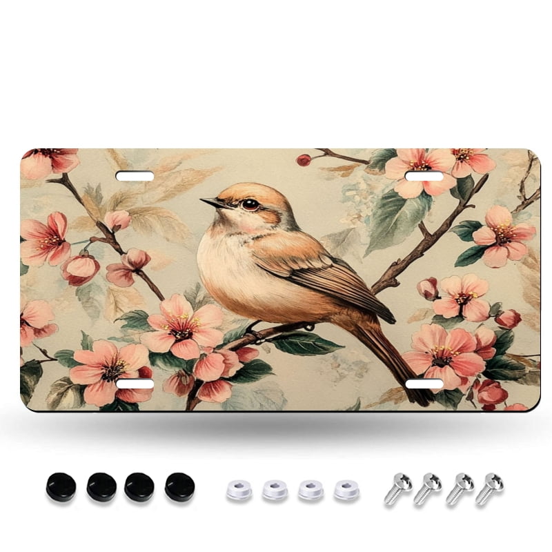 Novelty Decorative License Plate – Bird among Pink Flowers, Aluminum ...