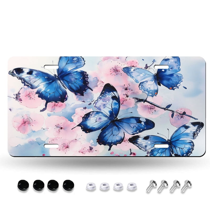 Novelty Decorative License Plate – Blue Butterflies among Pink Cherry ...