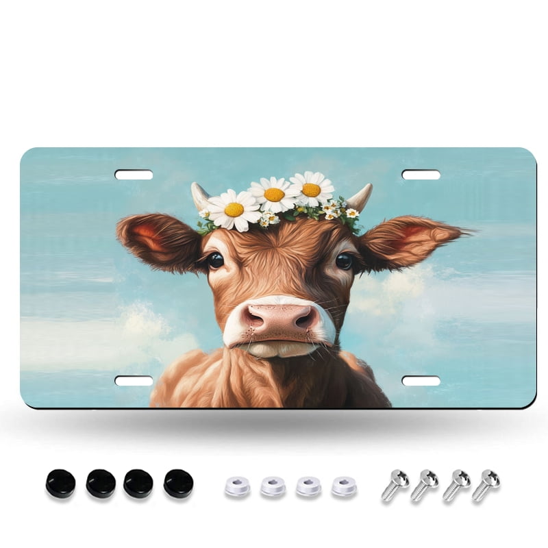 Novelty Decorative License Plate – Brown Cow with a Daisy Wreath ...