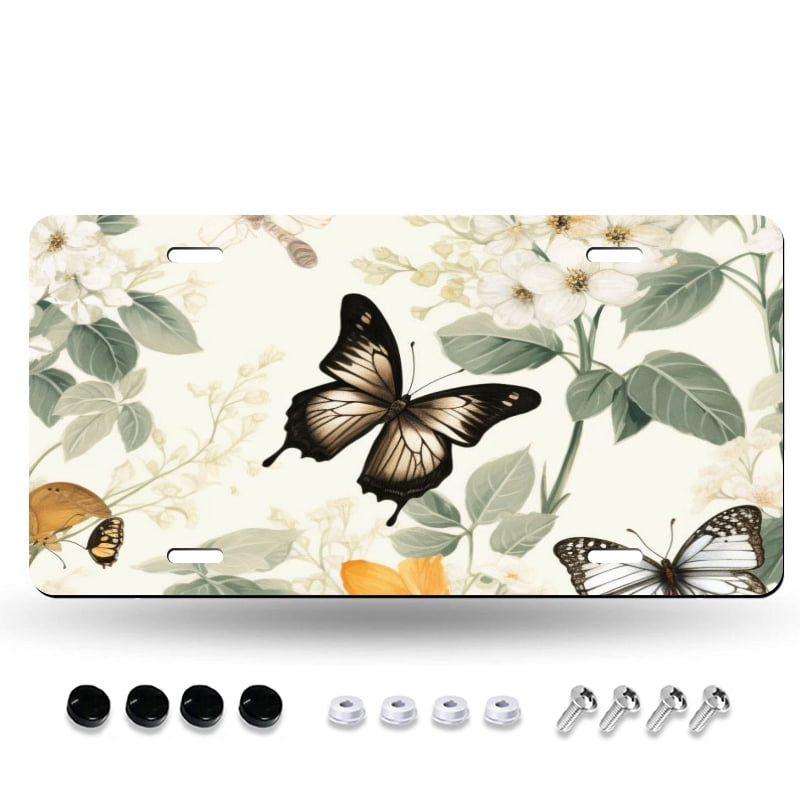 Novelty Decorative License Plate – Butterflies and Flowers in Delicate ...
