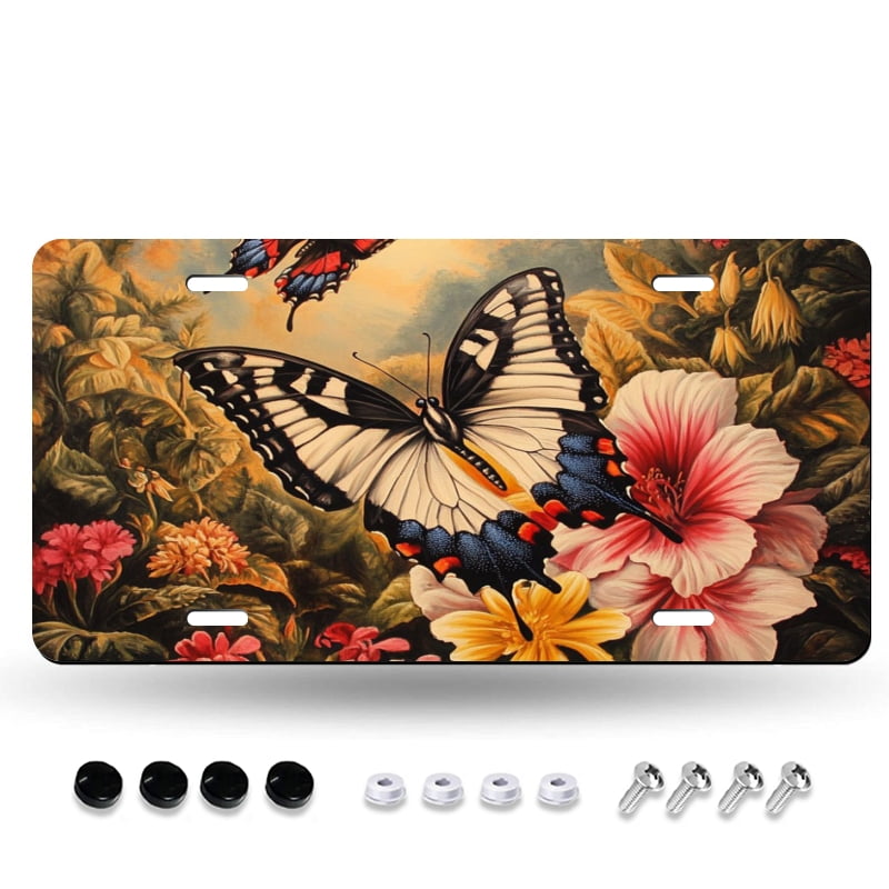 Novelty Decorative License Plate – Butterflies in a Flowering Scene ...