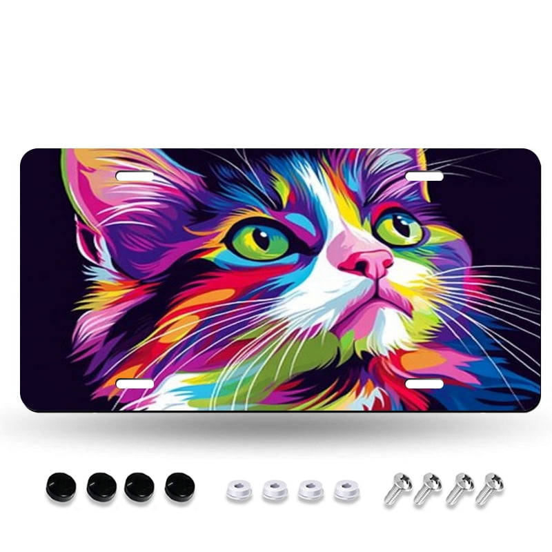 Novelty Decorative License Plate – Colorful Cat Illustration against a ...