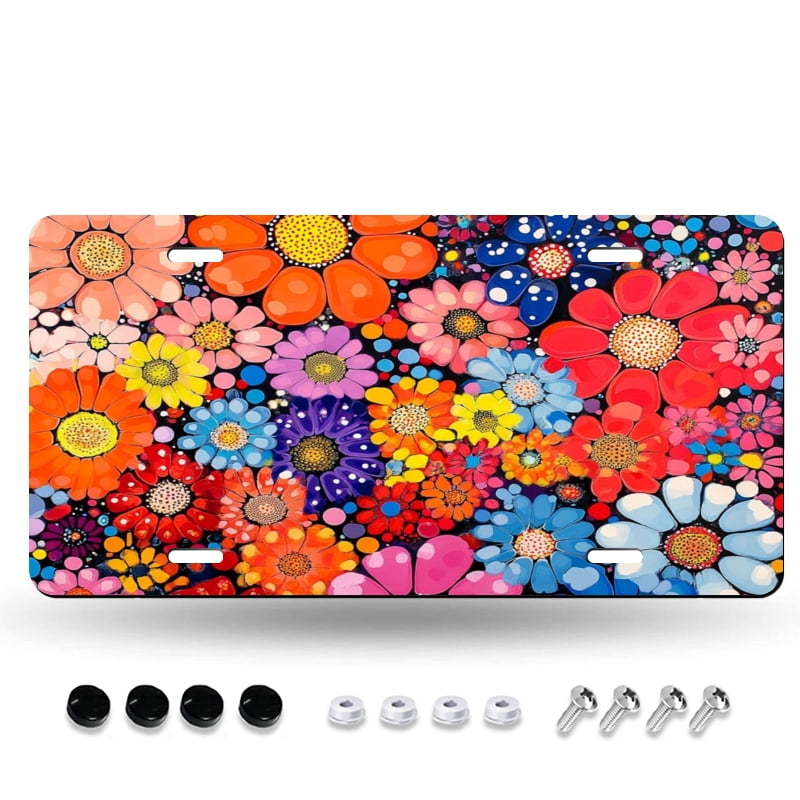Novelty Decorative License Plate – Colorful Flower Pattern on a Black ...