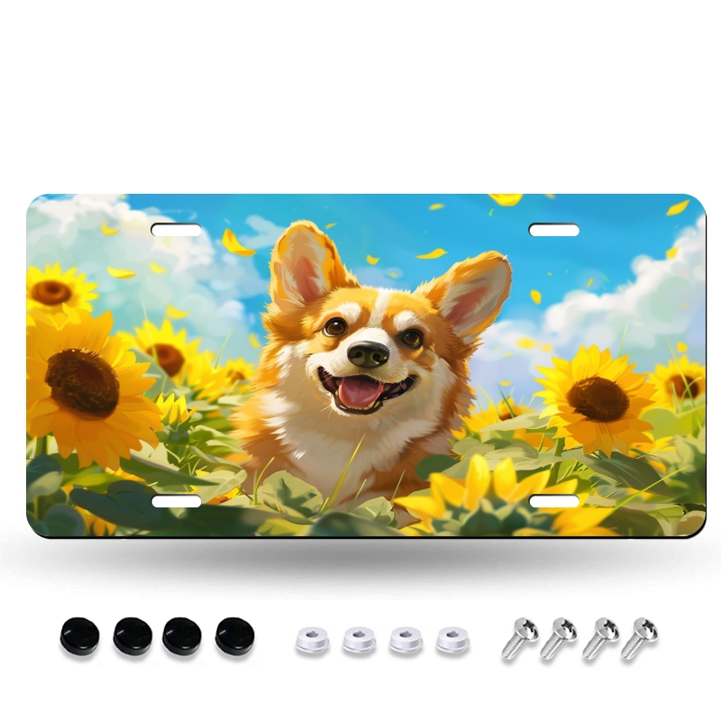 Novelty Decorative License Plate – Corgi in a Sunflower Field, Aluminum ...