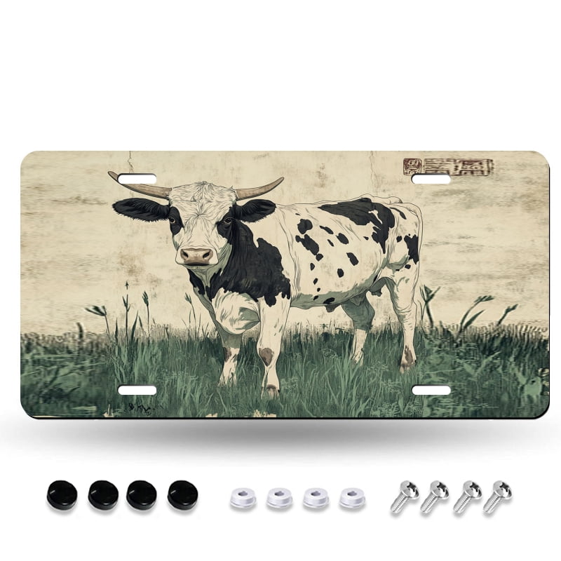 Novelty Decorative License Plate – Cow in a Grass Field with a Retro ...