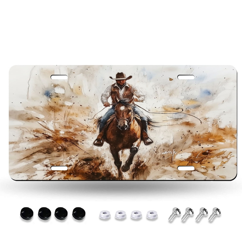 Novelty Decorative License Plate – Cowboy Riding Horse in Splash of ...