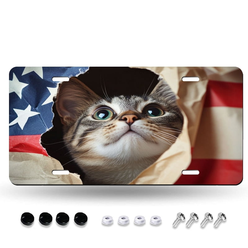Novelty Decorative License Plate – Curious Cat Peeking through a Flag ...