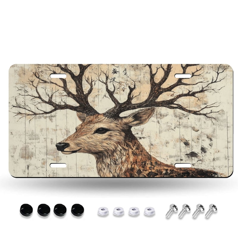 Novelty Decorative License Plate – Deer Head against a Weathered Wooden ...