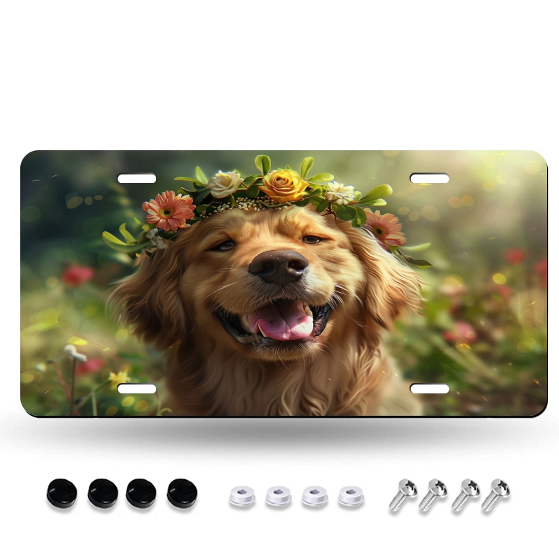 Novelty Decorative License Plate – Dog's Cheerful Look with a Flower ...