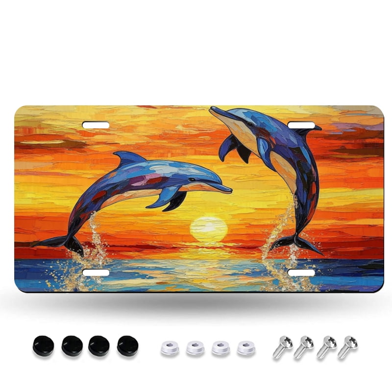 Novelty Decorative License Plate – Dolphins Leaping at Sunset, Aluminum ...