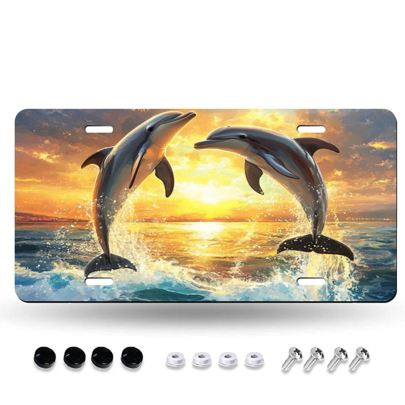 Novelty Decorative License Plate – Dolphins Leaping in Sunset - lit ...
