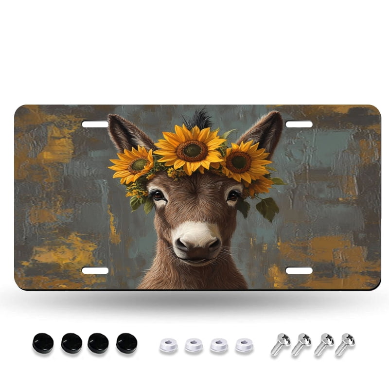 Novelty Decorative License Plate – Donkey Adorned with Sunflower Wreath ...