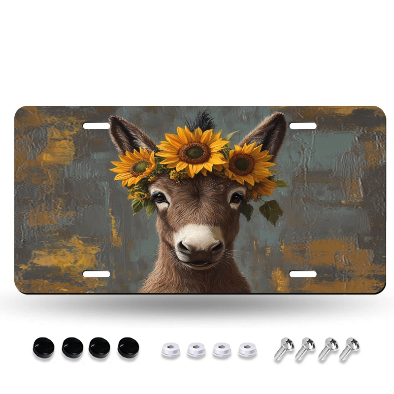 Novelty Decorative License Plate – Donkey with a Sunflower Wreath in a ...