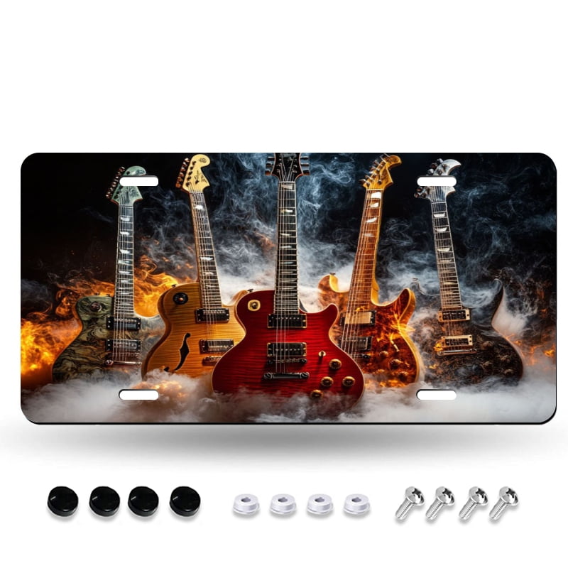 Novelty Decorative License Plate – Electric Guitars in Dramatic Flames and Smoke Scene, Aluminum ...