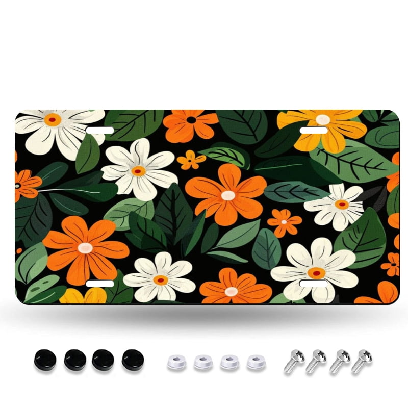 Novelty Decorative License Plate – Floral and Leaf Pattern on a Black ...