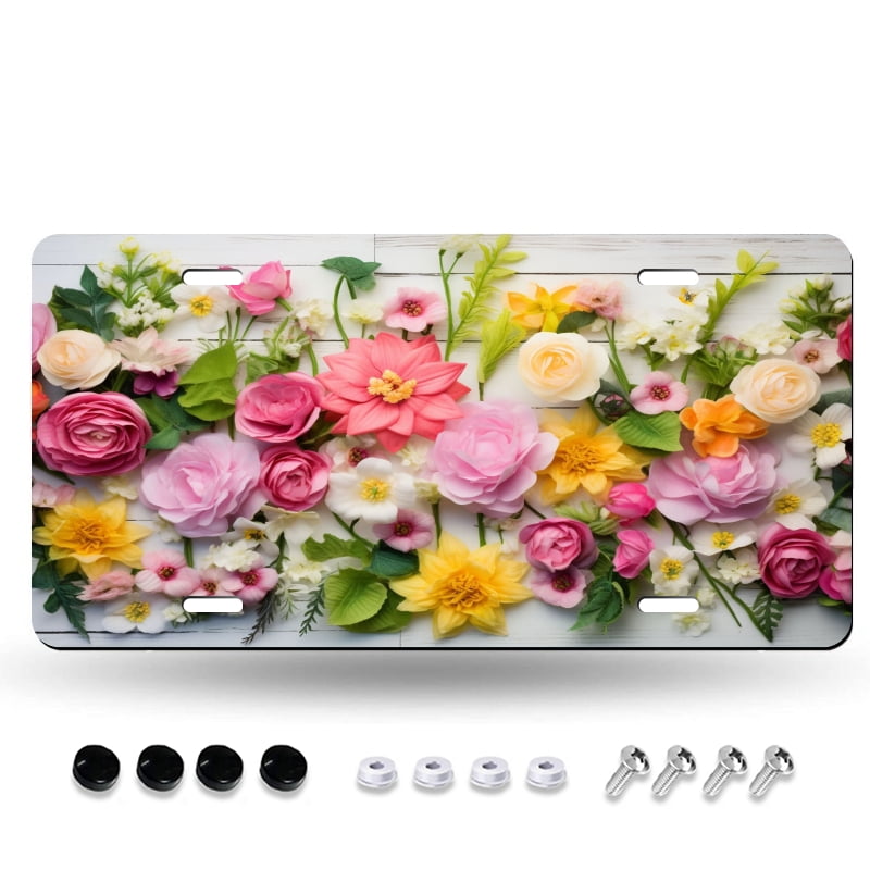 Novelty Decorative License Plate – Flowers in Pink, Yellow and White on ...