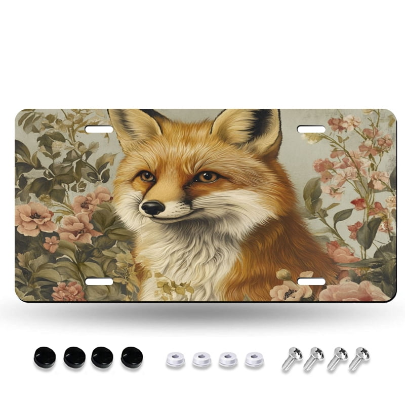 Novelty Decorative License Plate – Fox Surrounded by Flowers in a Soft ...