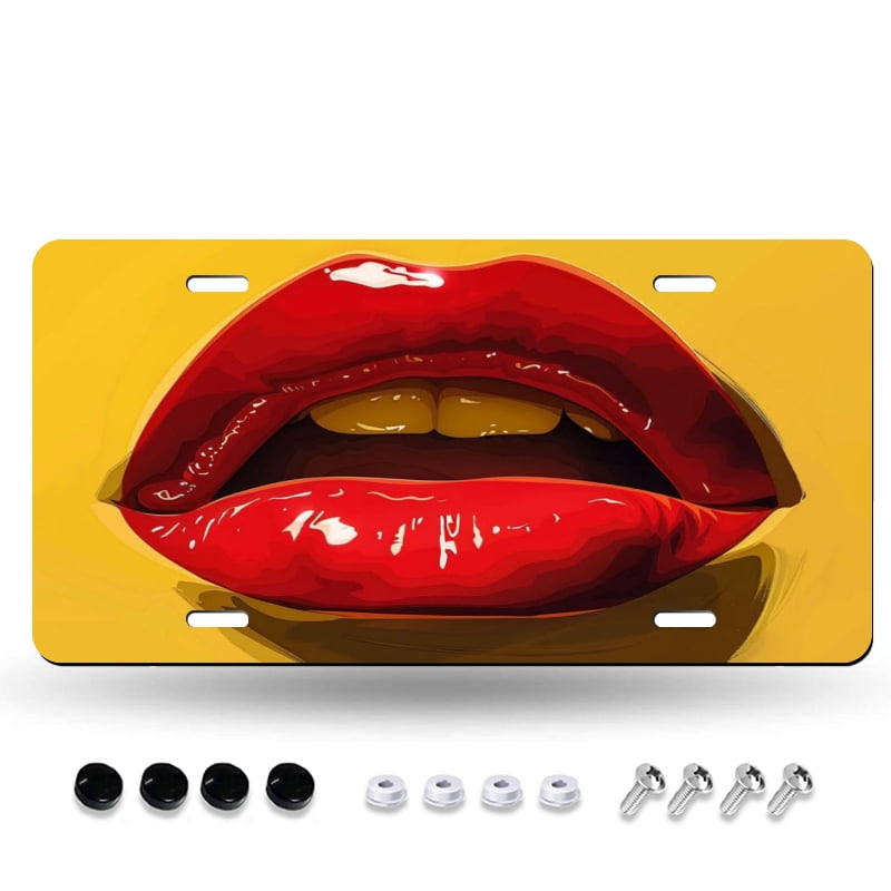 Novelty Decorative License Plate – Glossy Red Lips Against Yellow ...