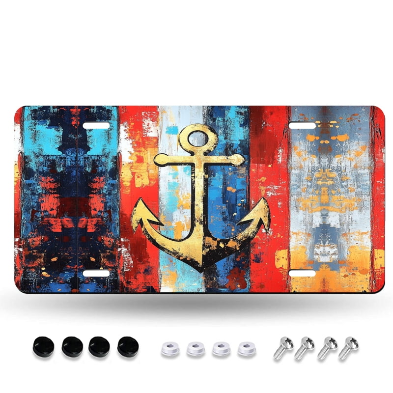 Novelty Decorative License Plate – Golden Anchor on a Striped ...