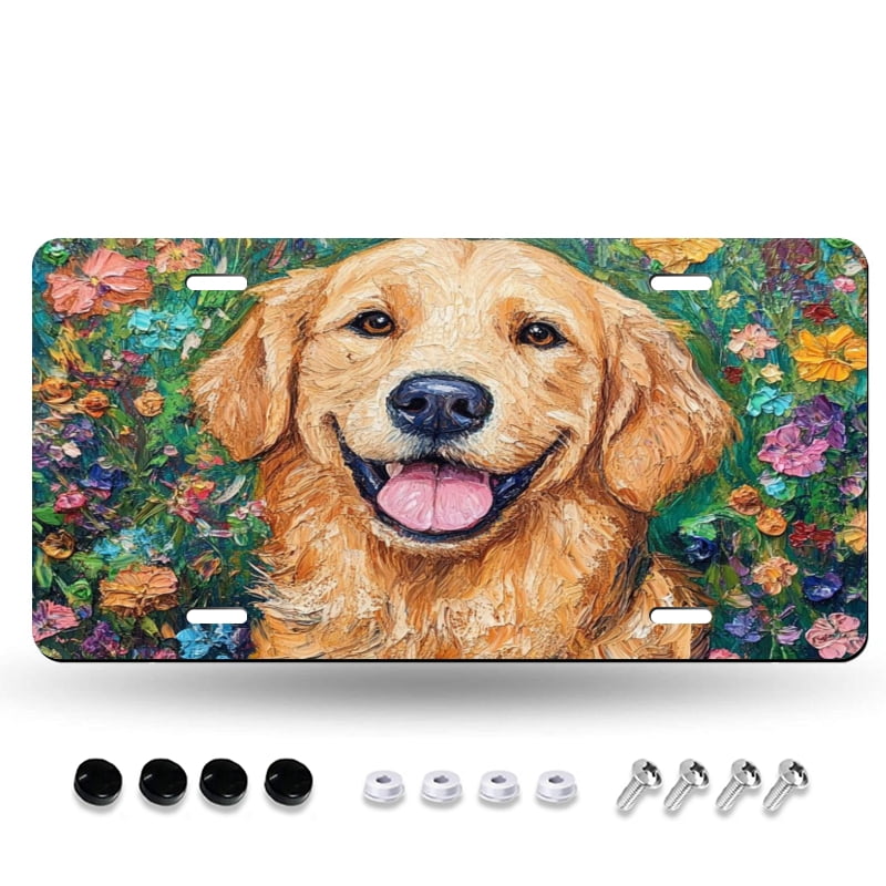 Novelty Decorative License Plate – Golden Retriever in a Flower Bed ...