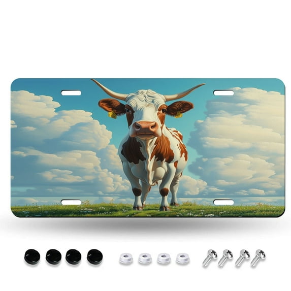Novelty Decorative License Plate – Horned Cow Standing in a Grassland ...
