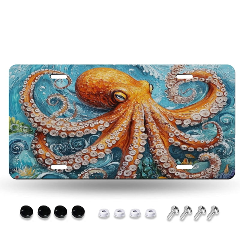 Novelty Decorative License Plate – Octopus in Dynamic Ocean Wave Scene ...