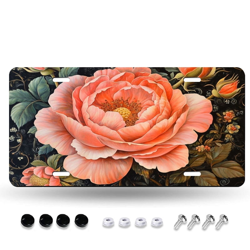 Novelty Decorative License Plate – Pink Flower with Ornate Background ...