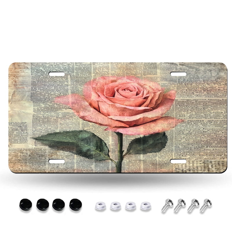 Novelty Decorative License Plate – Pink Rose on a Newspaper ...