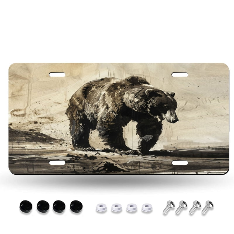 Novelty Decorative License Plate – Powerful Bear in Monochromatic ...