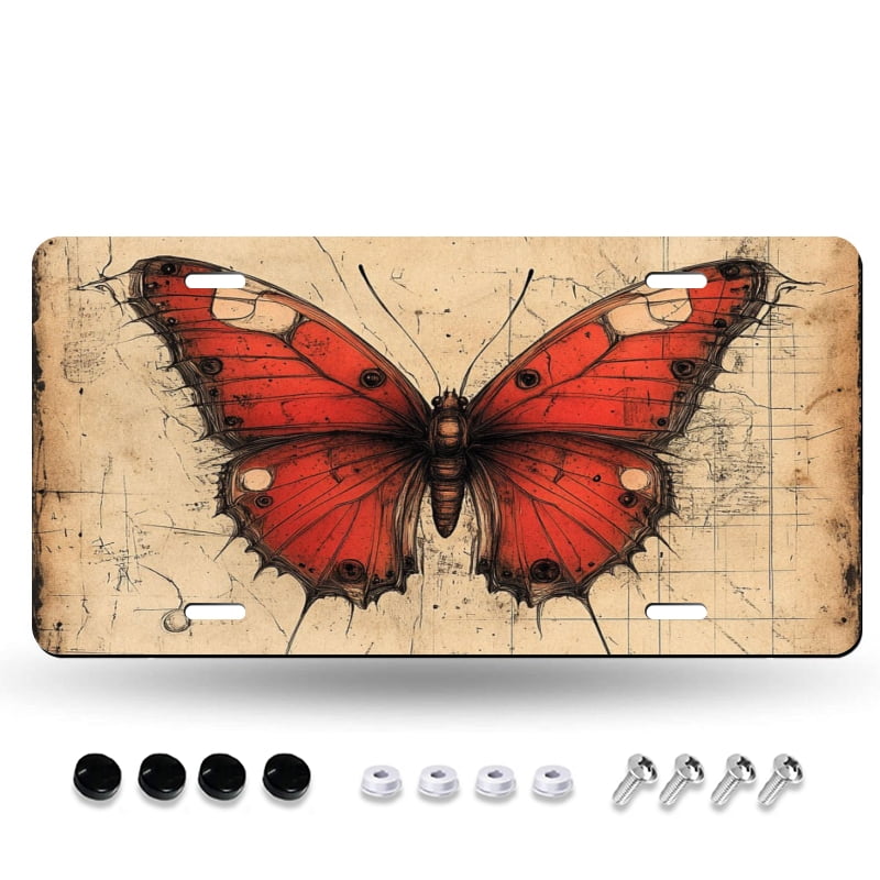 Novelty Decorative License Plate – Red Butterfly with Intricate ...