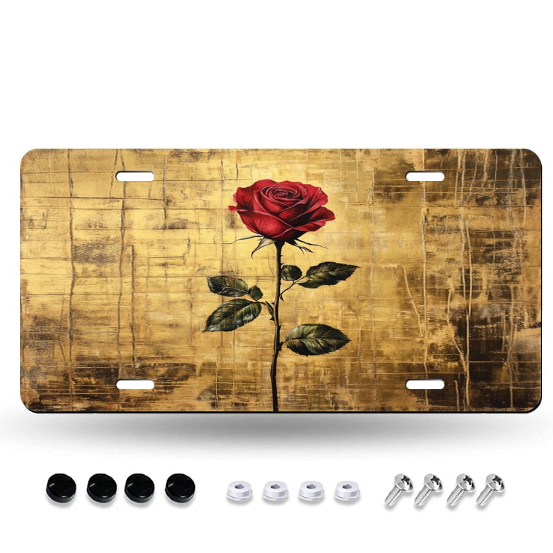 Novelty Decorative License Plate – Red Rose on a Golden Background ...