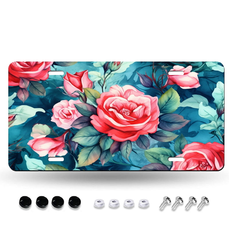 Novelty Decorative License Plate – Roses and Leaves on a Teal - colored ...
