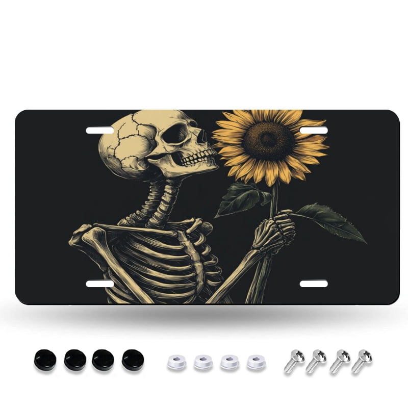 Novelty Decorative License Plate – Skeleton Holding Sunflower, Aluminum ...