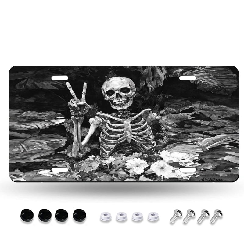 Novelty Decorative License Plate – Skeleton Making Peace Sign amidst ...