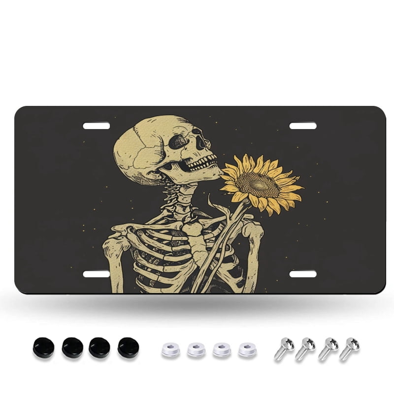Novelty Decorative License Plate – Skeletons Hands Holding Sunflower ...