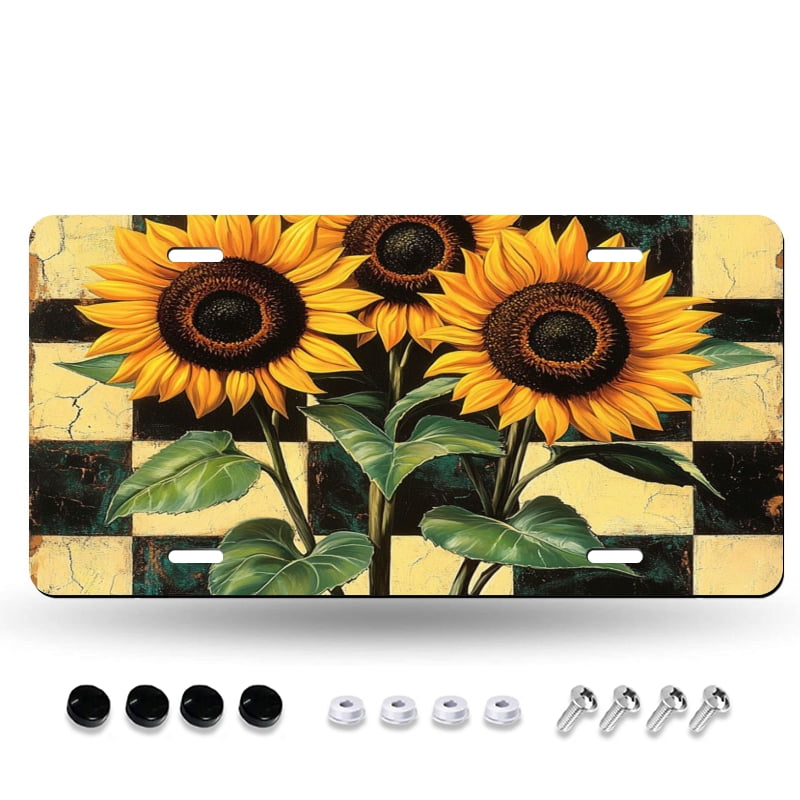 Novelty Decorative License Plate – Sunflowers on Retro - style Grid ...