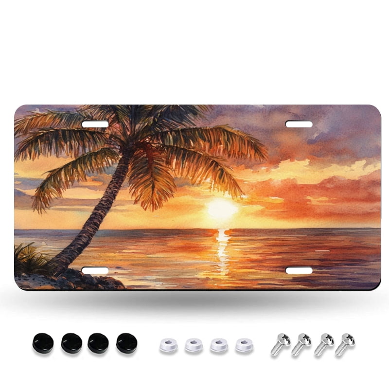 Novelty Decorative License Plate – Sunset by the Sea with Palm Tree ...