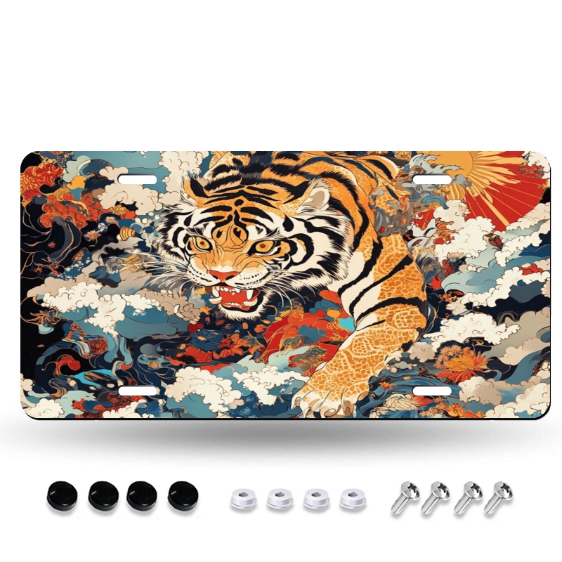 Novelty Decorative License Plate – Tiger's Ferocity amidst Waves and ...