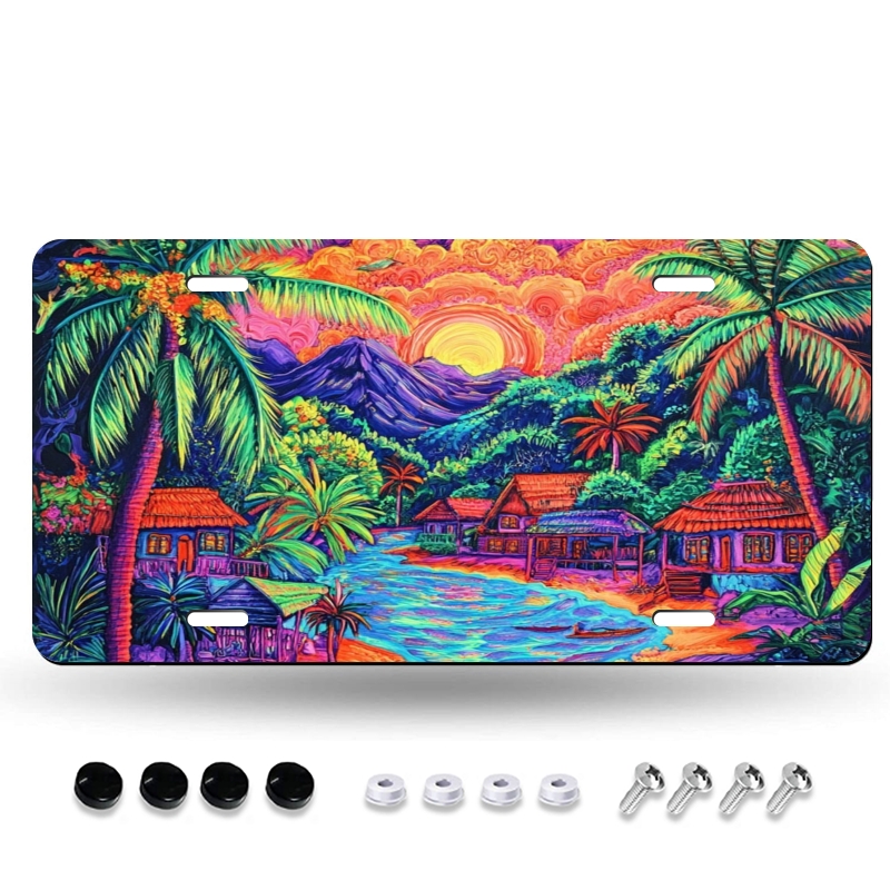 Novelty Decorative License Plate – Tropical Seaside Village in a Vivid ...