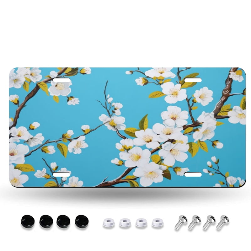 Novelty Decorative License Plate – White Cherry Blossoms on Branches ...