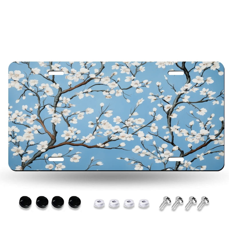 Novelty Decorative License Plate – White Cherry Blossoms on Dark ...